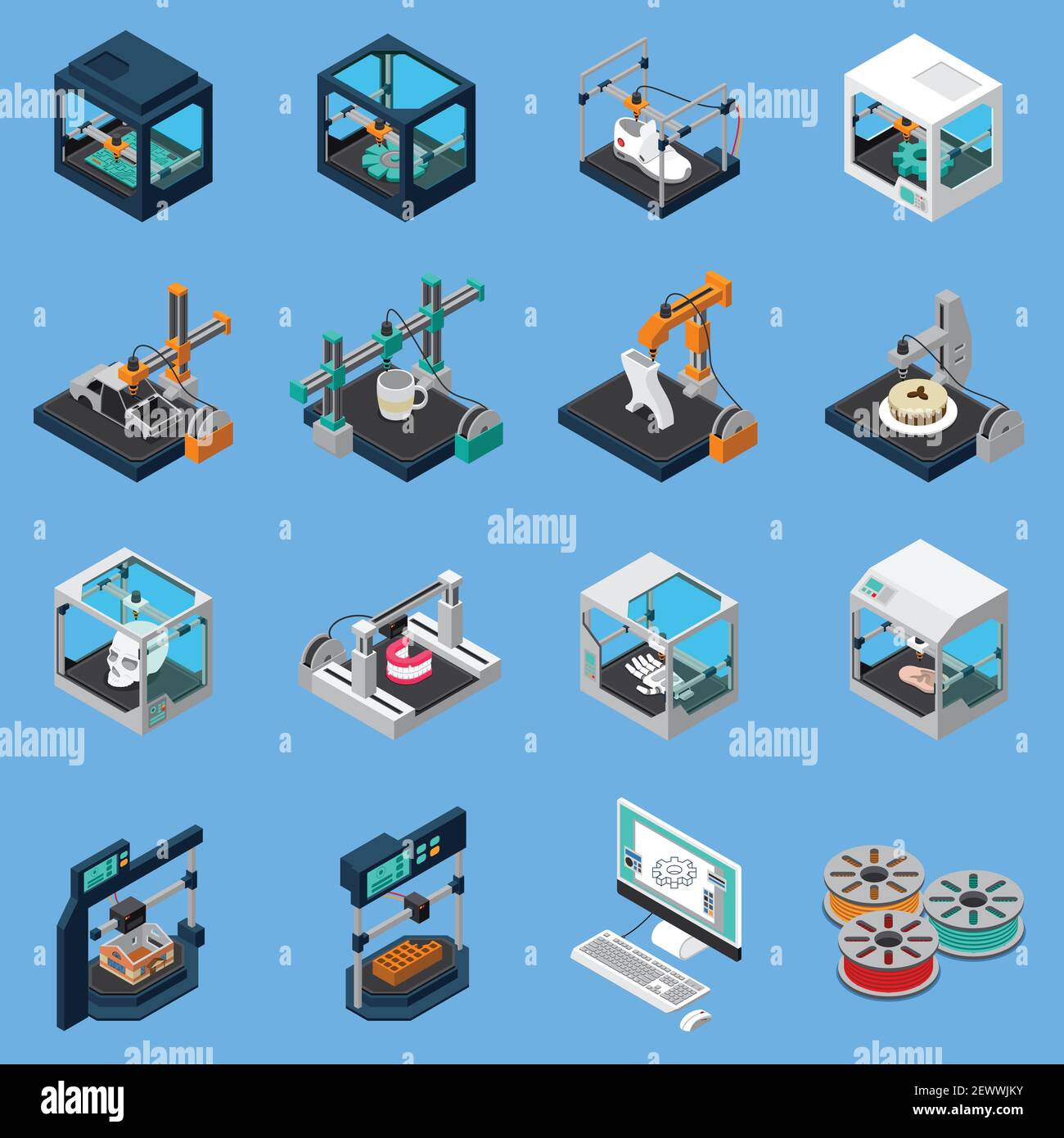 3D printing industry isometric icons collection with isolated icons of ...