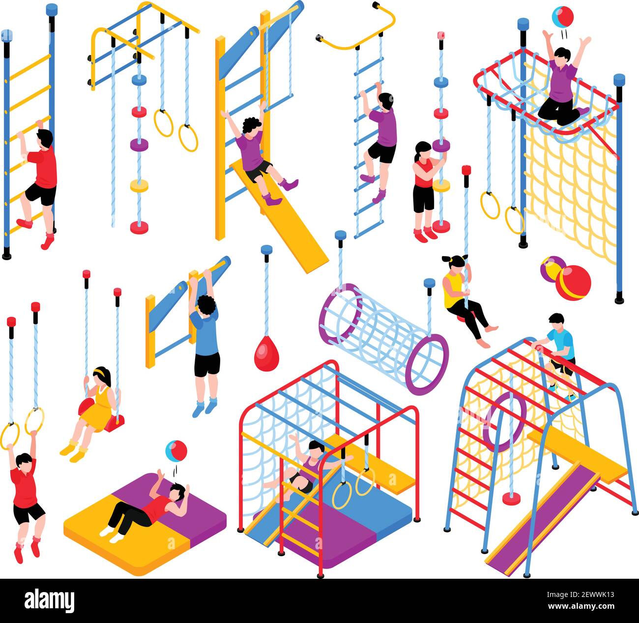 Isometric children home sport complex equipment set with isolated ...