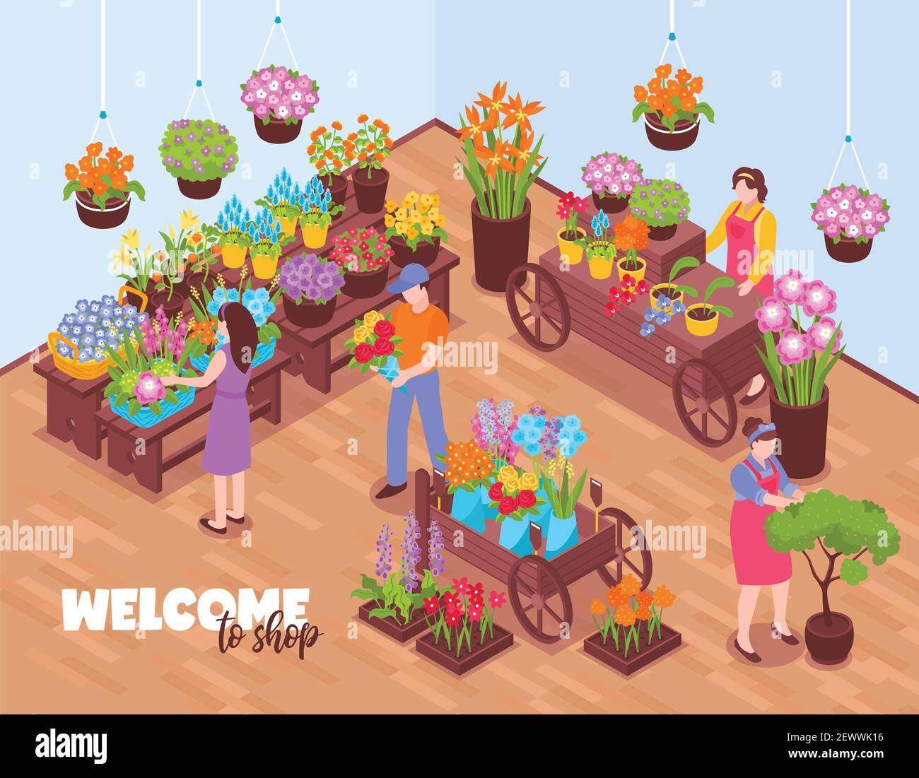 Isometric florist background with view of indoor venue and flover ...