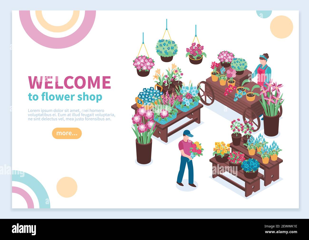 Isometric florist concept banner composition with editable text ...