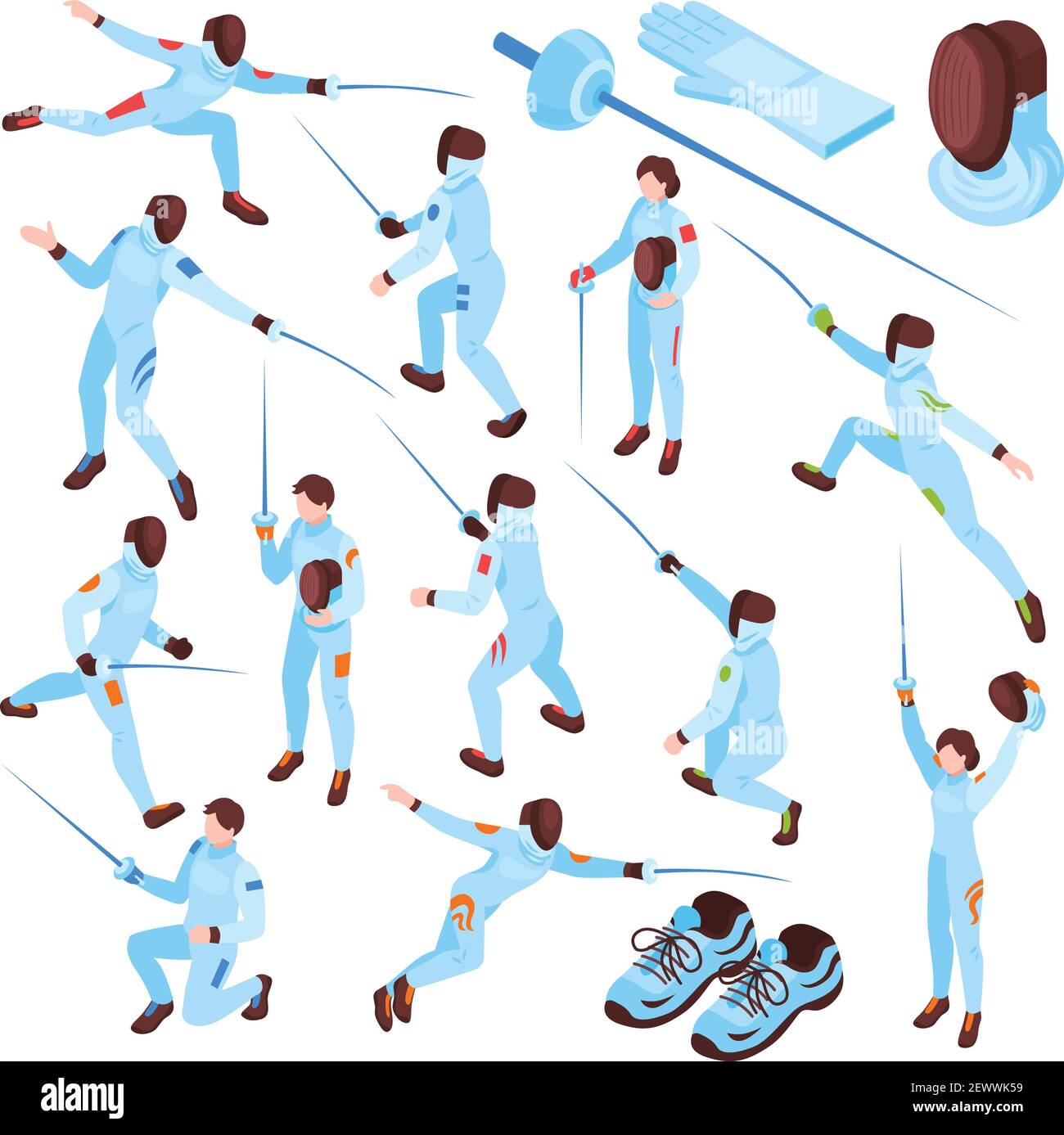 Fencing sport isometric set of male and female fencers with swords in ...