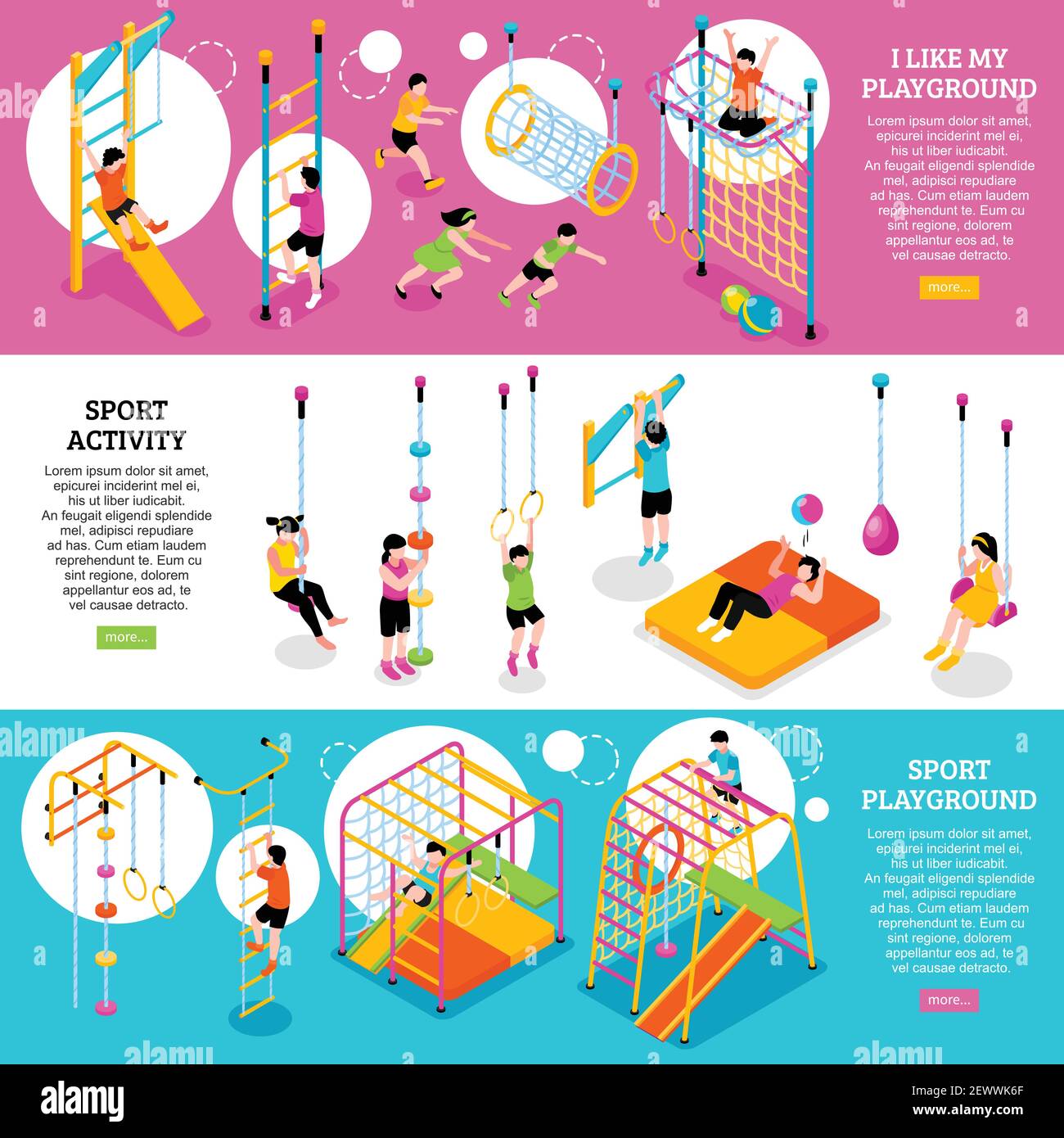 Set of three horizontal children sport complex banners with isometric ...