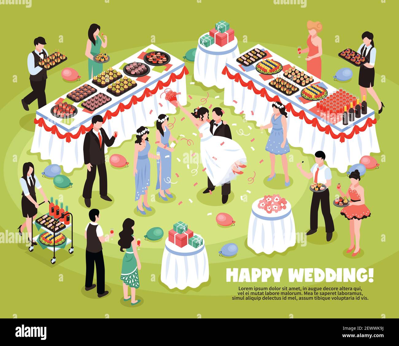 Isometric banquet wedding background composition with editable text ...
