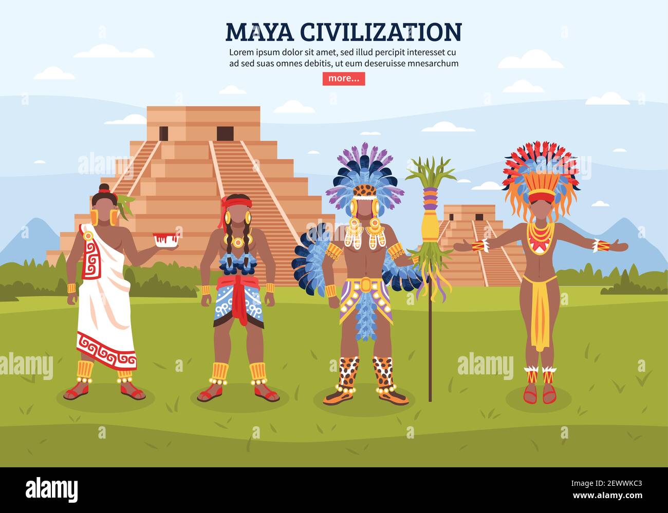 Maya civilization background composition with flat human characters ...