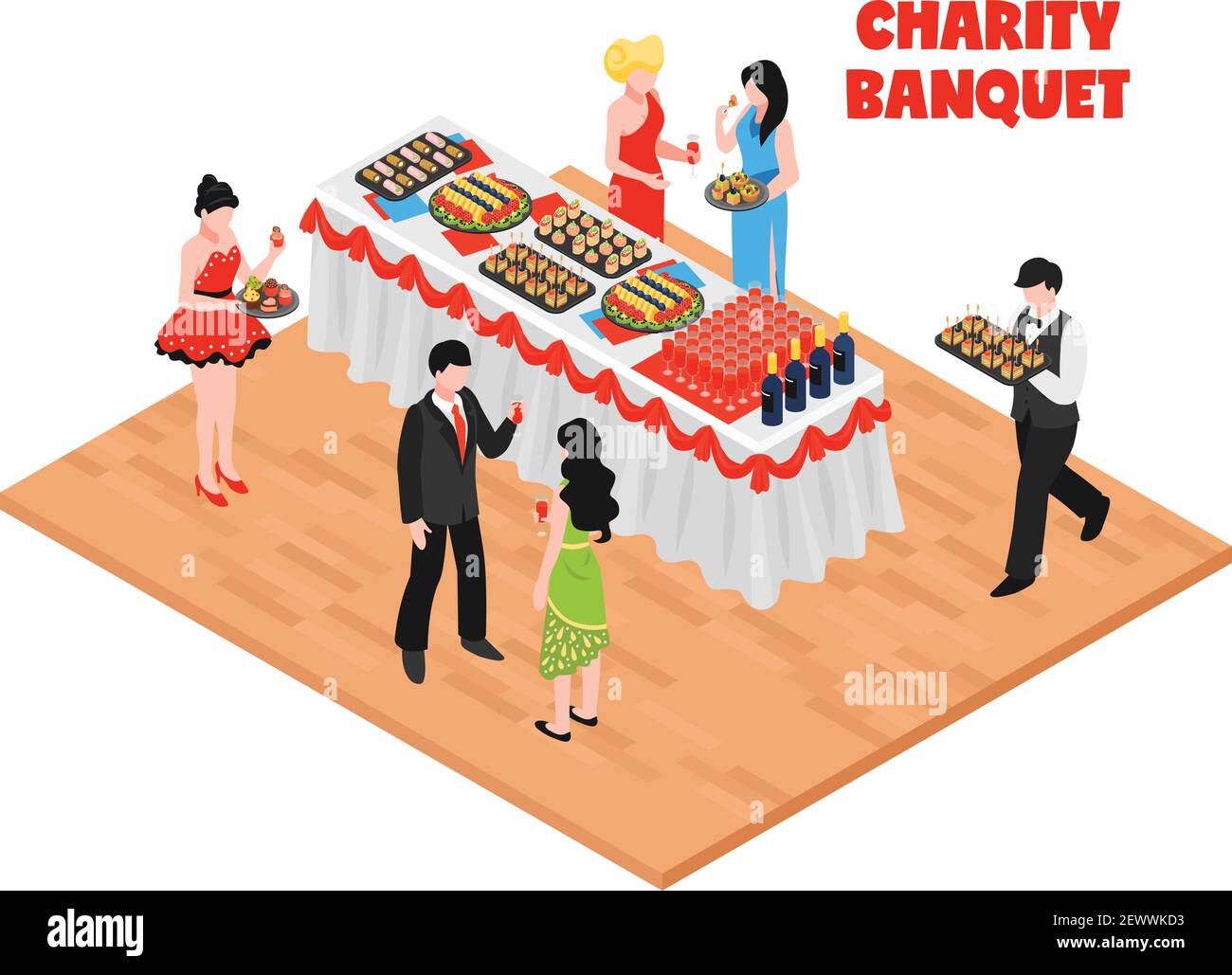 Isometric banquet composition with human characters of guests and ...