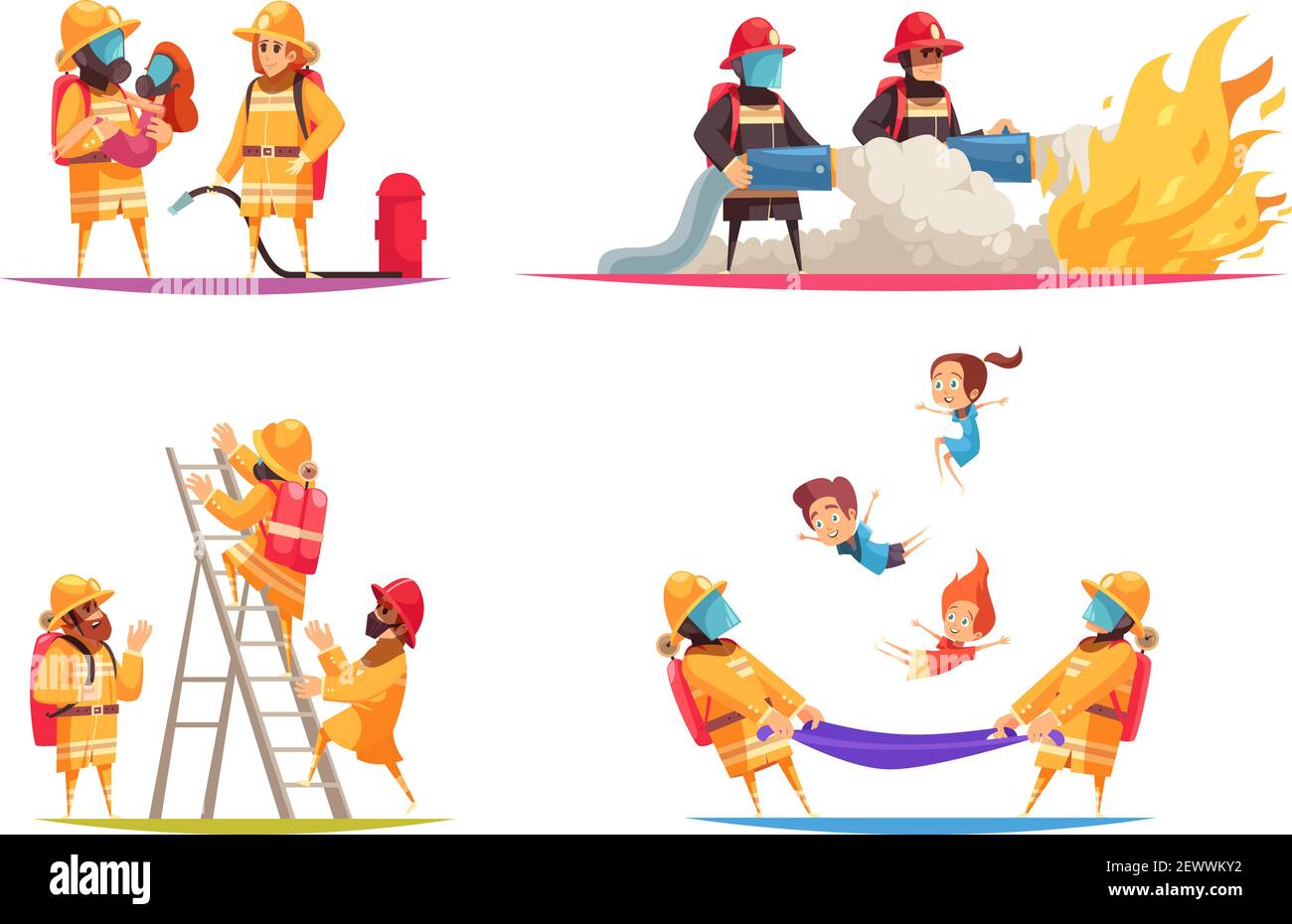 Firefighter design concept with flat compositions of fire situations ...