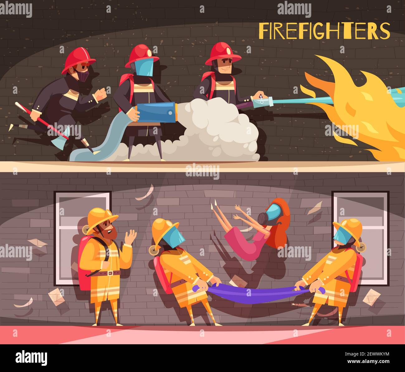 Set of two horizontal firefighter banners with cartoon style images and ...