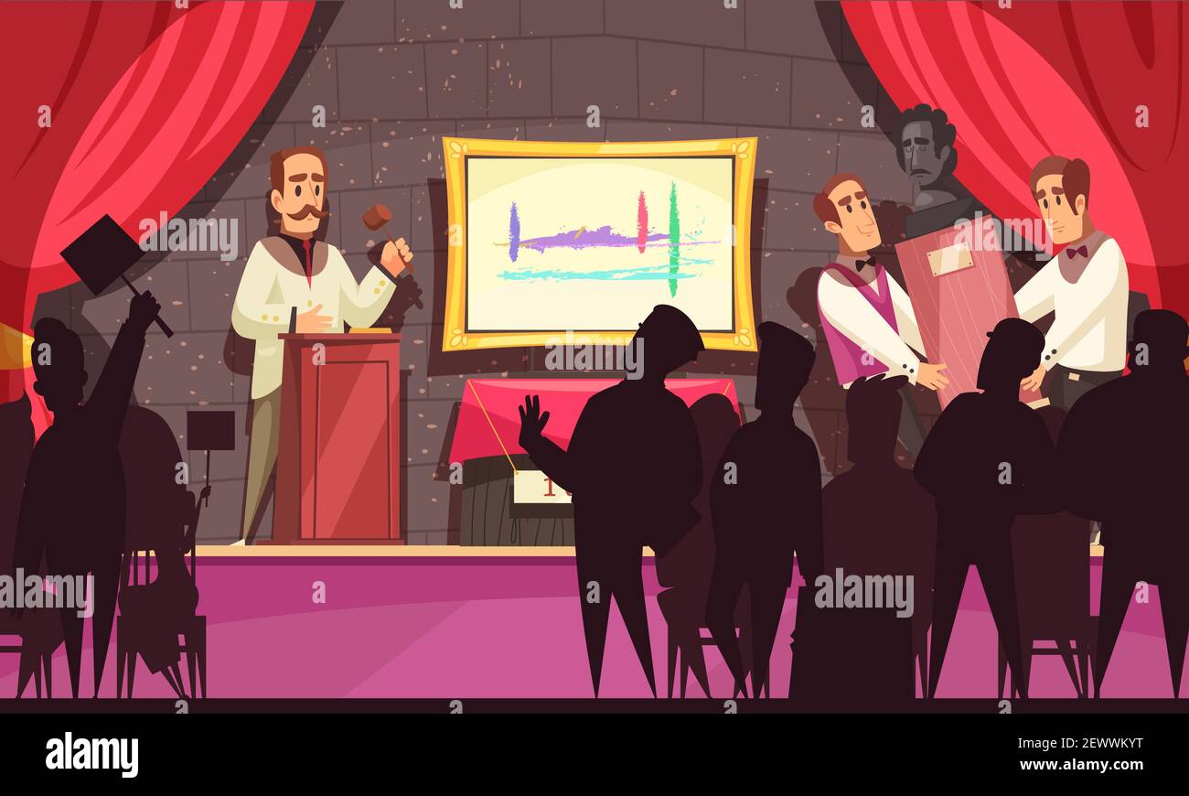 Auction composition with view of stage with red curtains and people ...