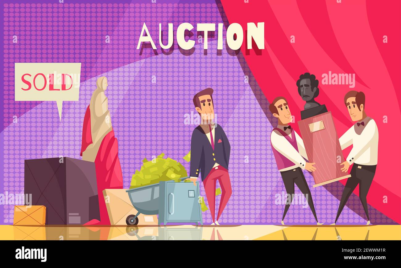 Auction horizontal composition with luxury stage and flat doodle human ...