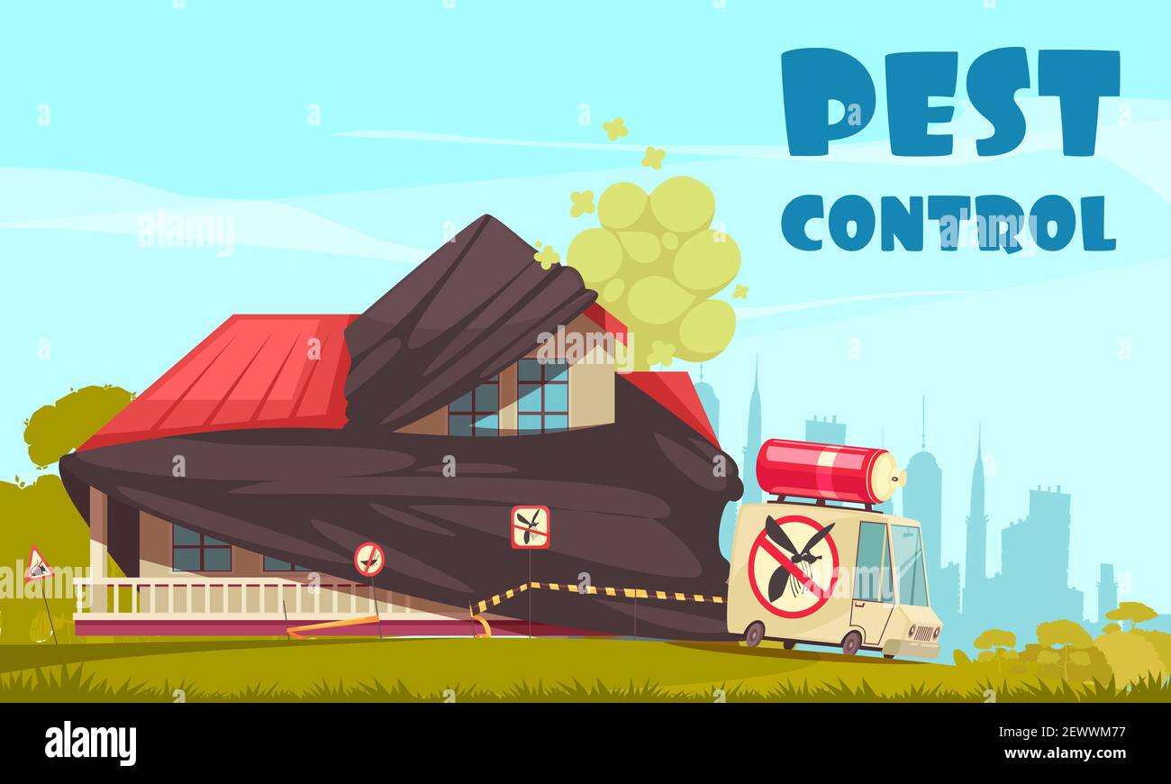 Pest control outside illustration with view of house under disinfection ...