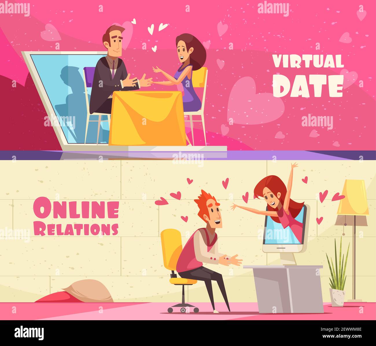 Set of two flat virtual and real love horizontal banners with text and ...