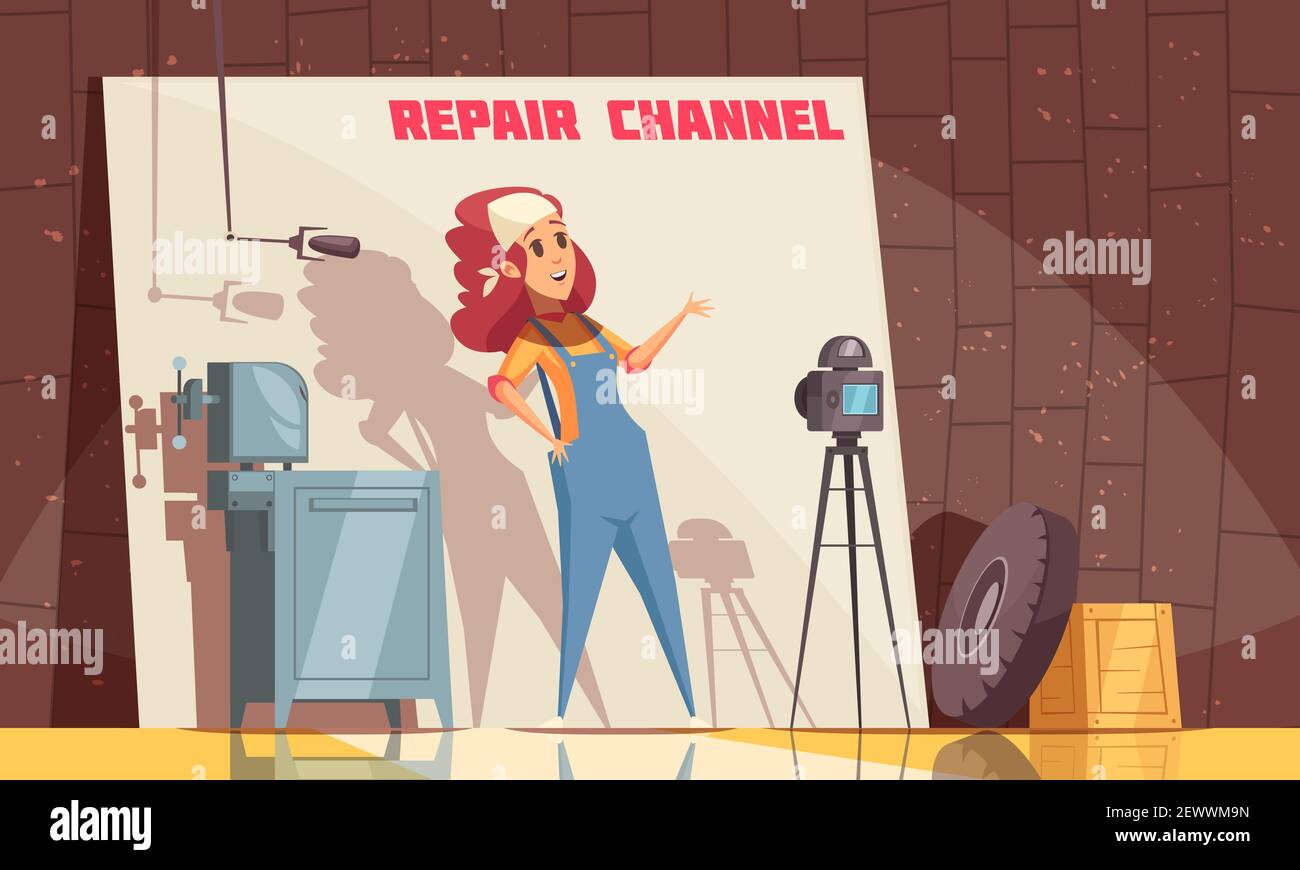 Repair channel blogger composition with cartoon style female character ...