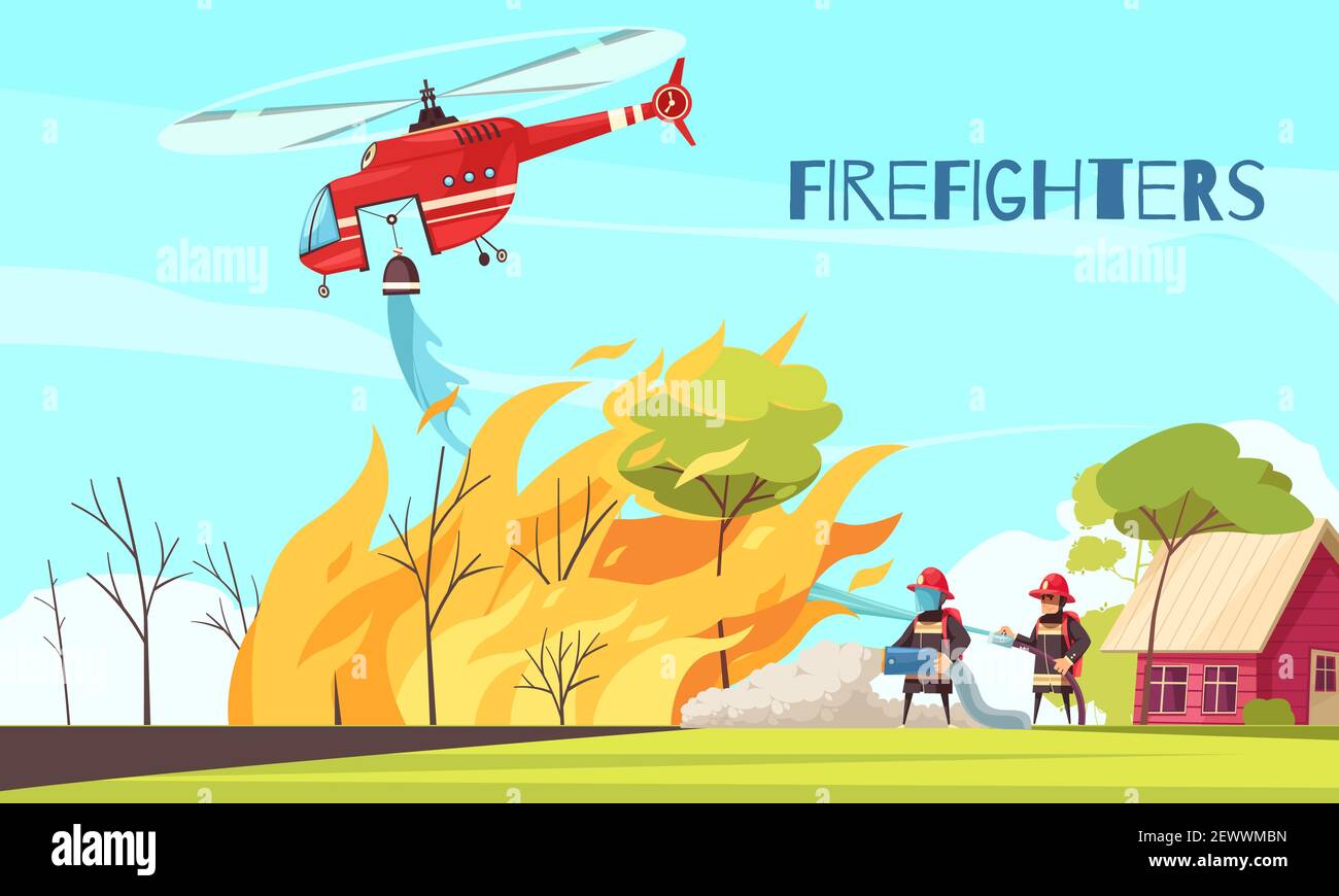 Firefighters outdoor composition with human characters of fire fighting ...