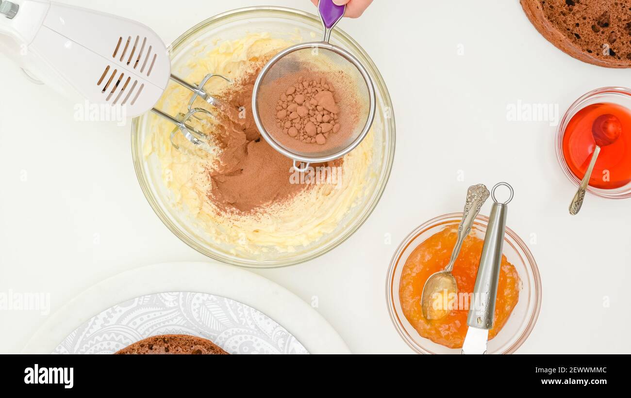 Mixing butter cream with cocoa powder. Step by step chocolate cake ...