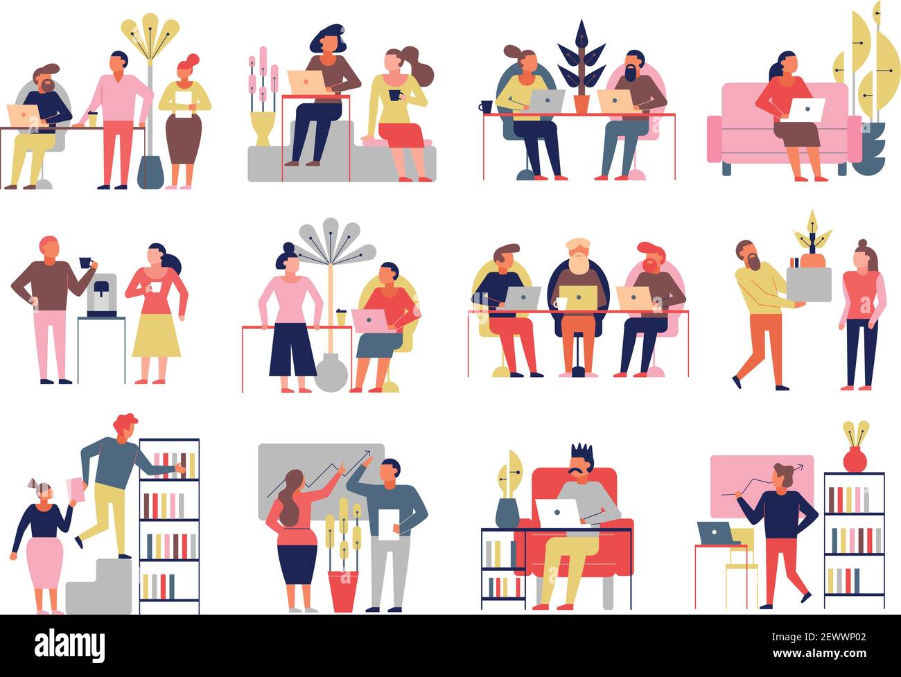 Coworking 12 cartoon composition of group independently employed people ...