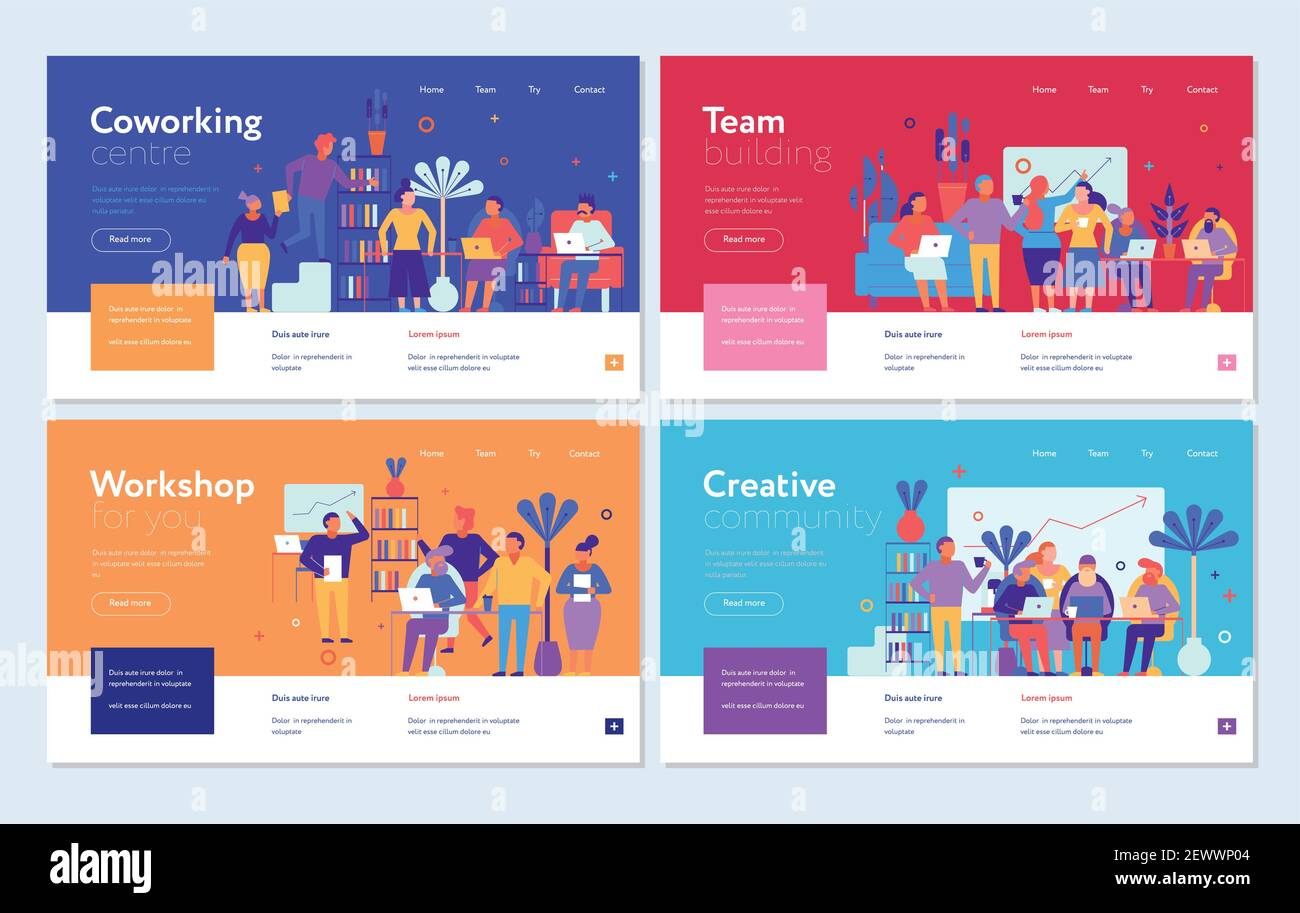 Coworking horizontal banners set with team and workshop symbols flat ...