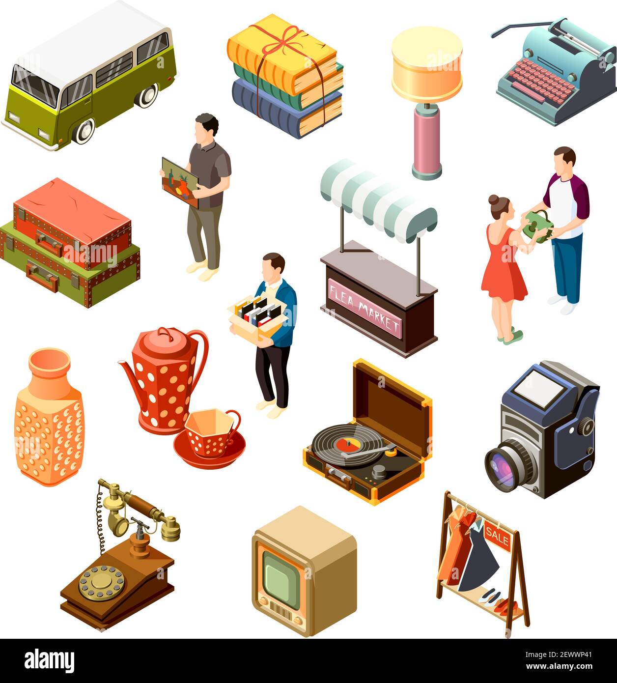 Isometric set of icons with various goods from flea market and ...
