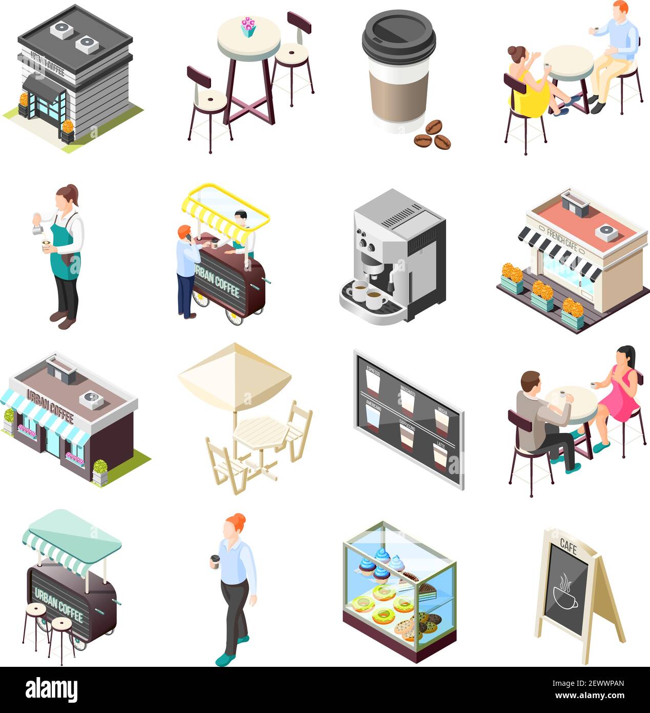 Isometric icons set with street cafe building and interior and people ...