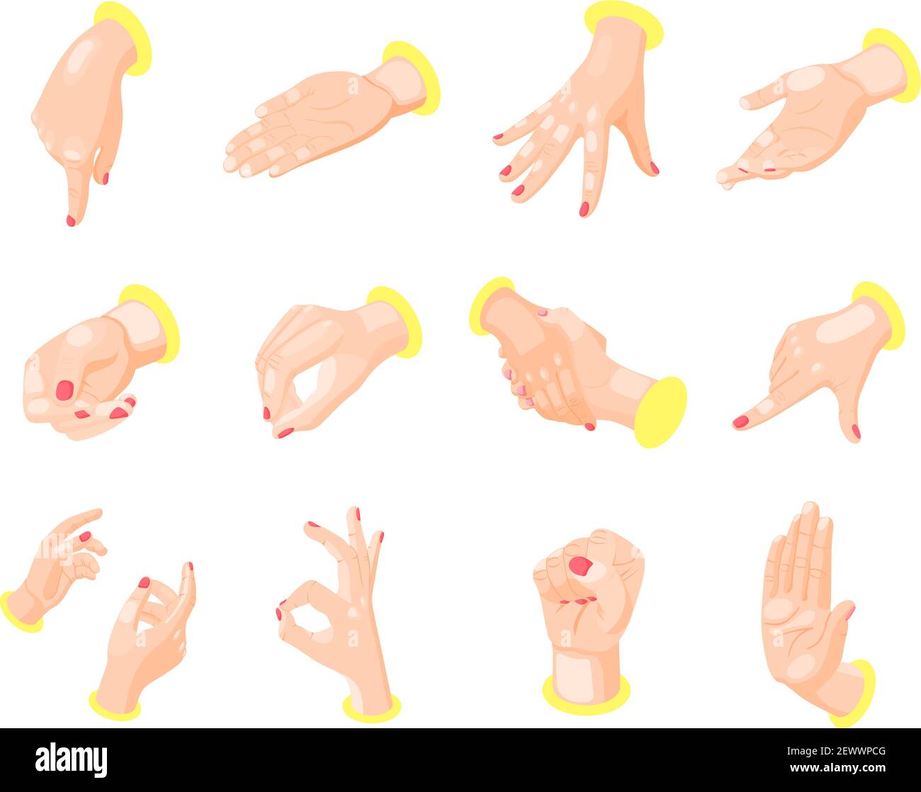 Isometric icons set with female hands gestures expressing different emotions isolated on white ...