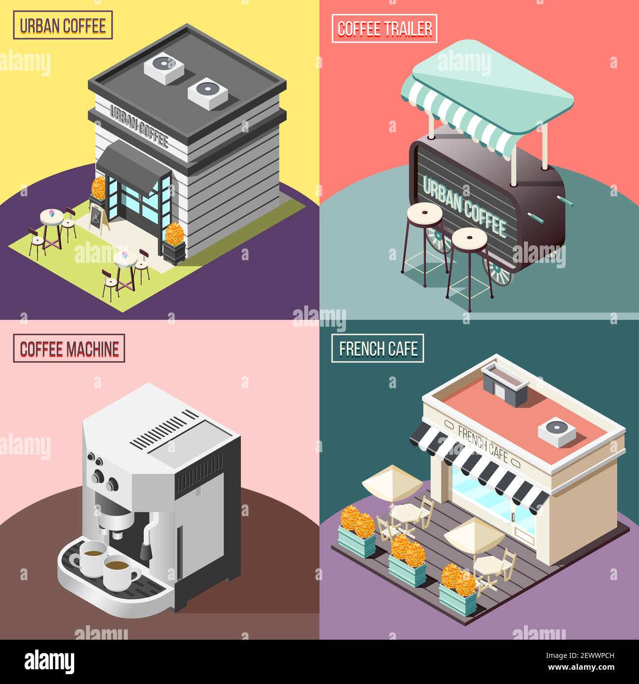 Isometric 2x2 design concept with street cafes trailer and coffee ... Isometric 2x2 design concept with street cafes trailer and coffee ...