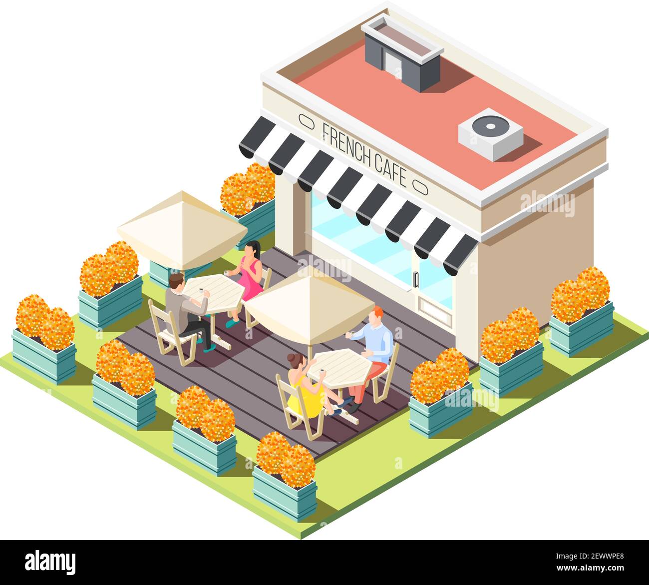 Isometric composition with french street cafe and people drinking ...