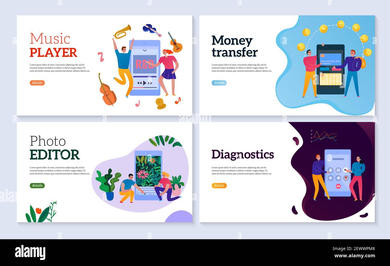 Phone interaction flat banners set with people using various ...