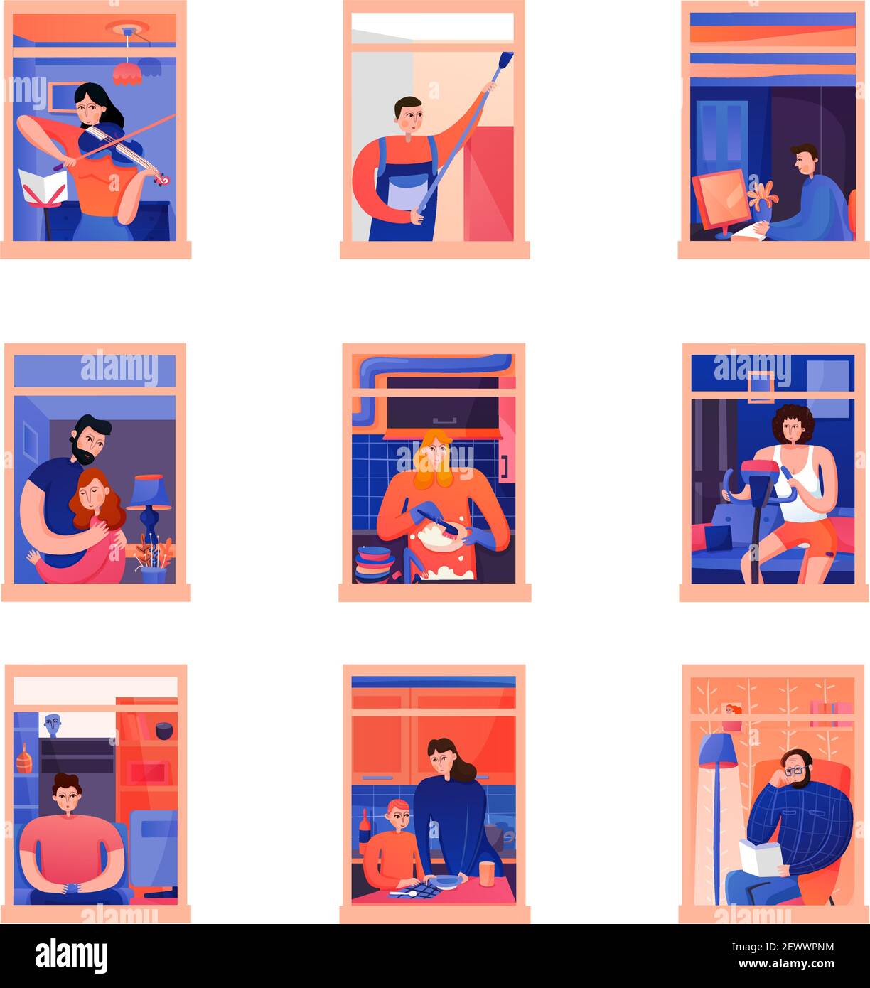 Flat set of icons with neighbors doing different daily activities in ...