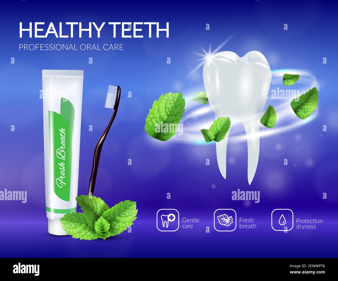 Realistic tooth with swirl from mint leaves and dental care products ...