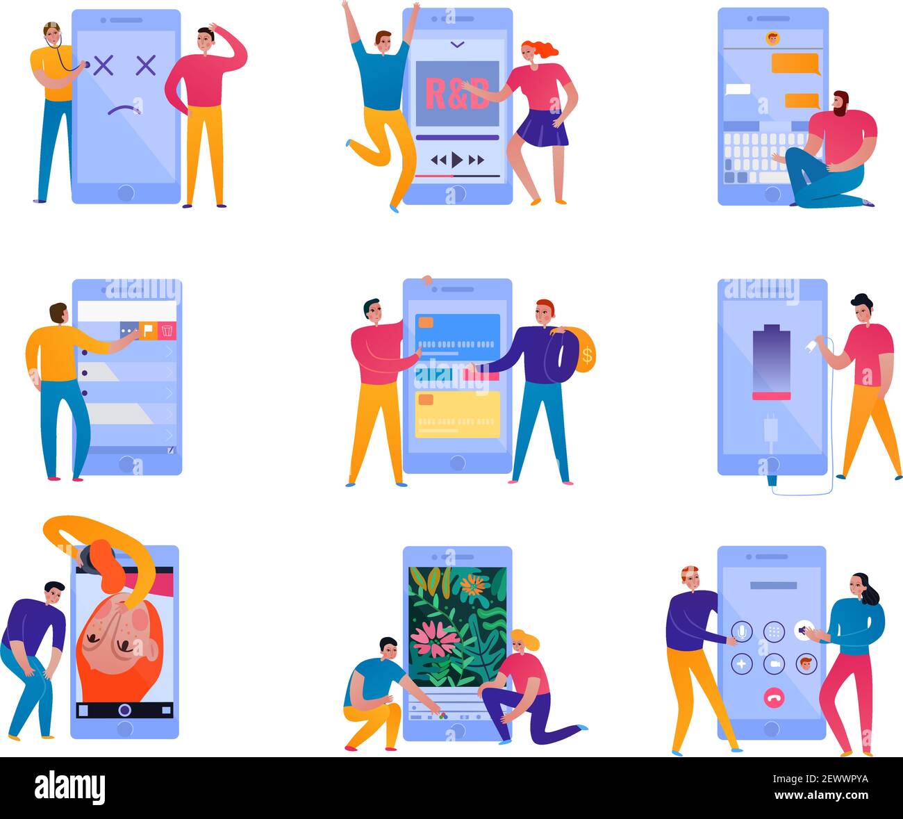 Colorful flat set with phone interaction and technical support icons ...