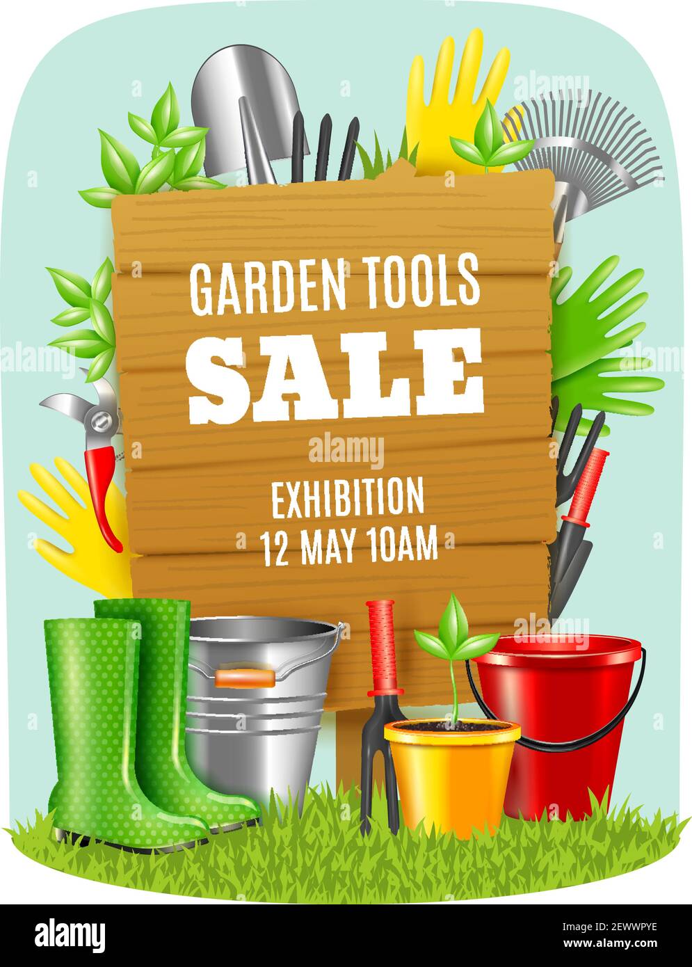 Advertising poster exhibition sale of garden tools on light background ...
