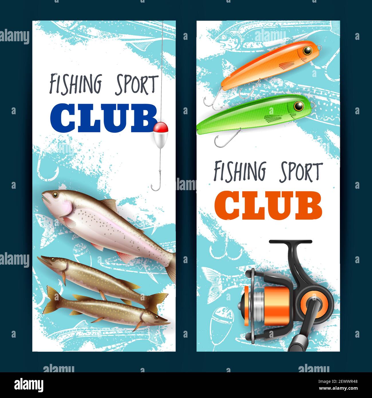 Set of vertical banners realistic fishing tackles trout and pike ...