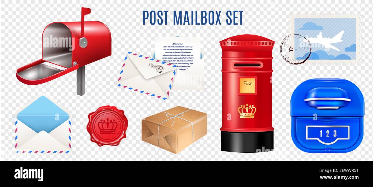 Set of realistic postage elements mail boxes letter and parcel isolated ...