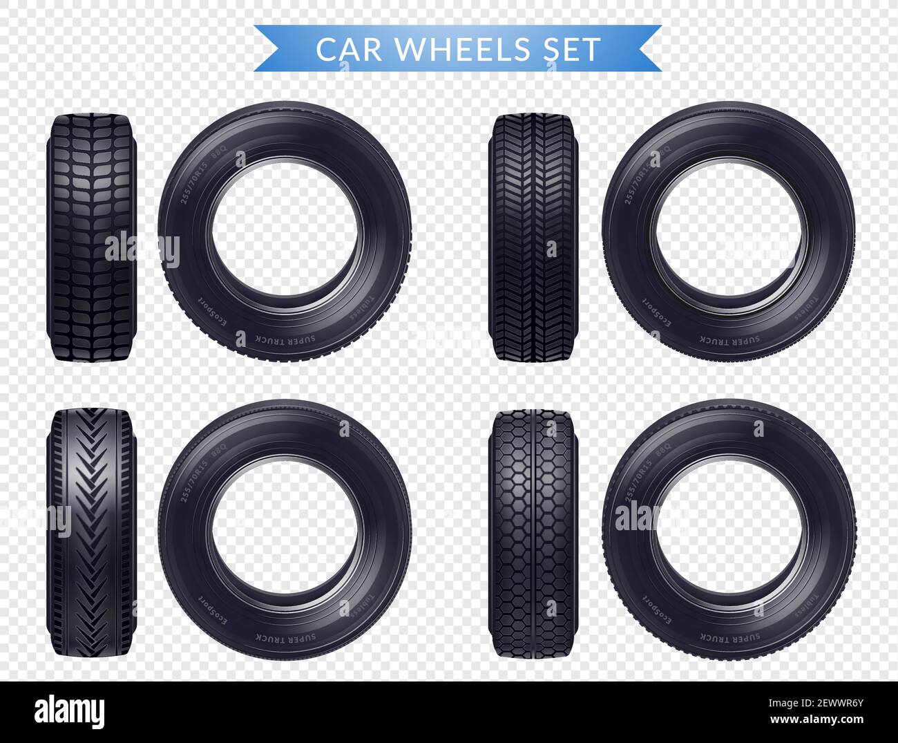 Set of realistic car tires with various tread profile and front view ...