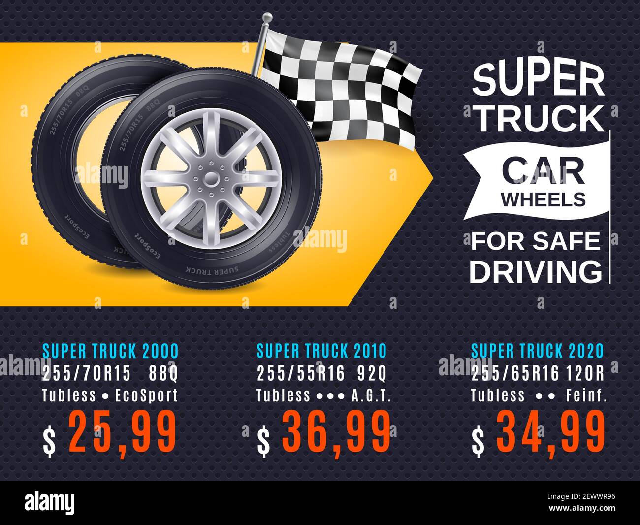 Realistic car wheels for safe driving ad poster with product prices on ...