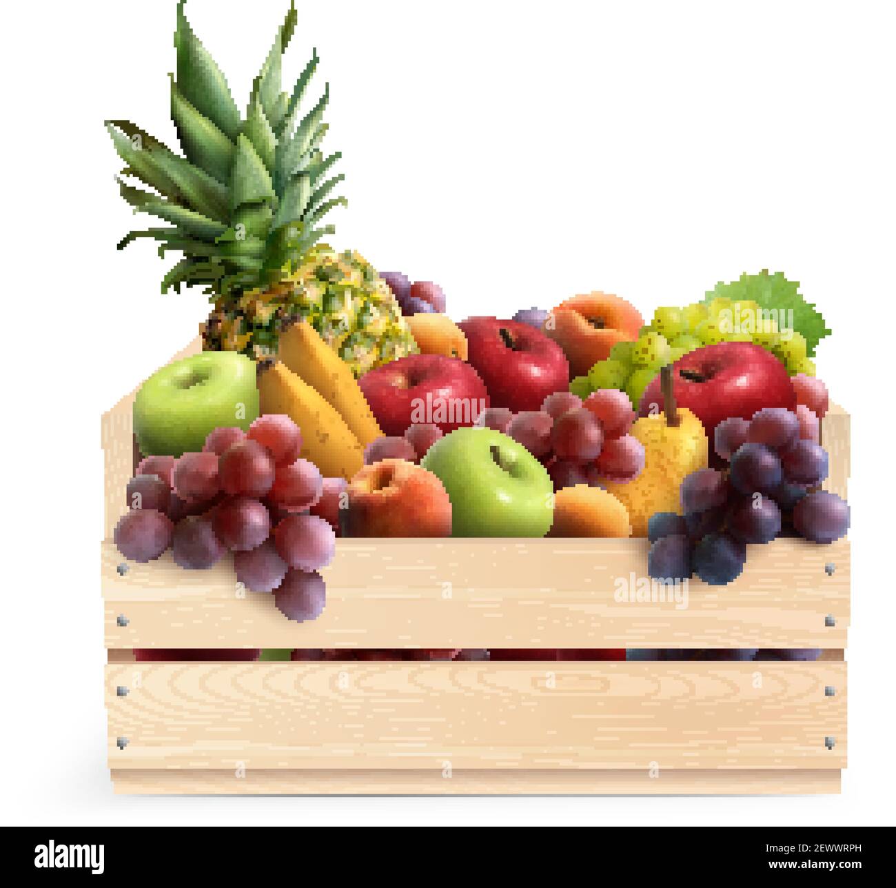 Set of exotic fruits in wooden box on white background realistic design ...