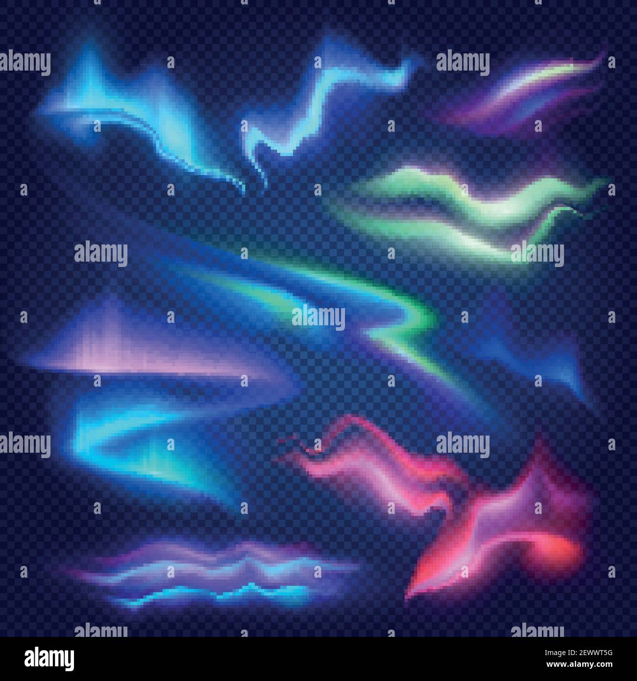 Bright colorful aurora borealis abstract set on dark transparent ...