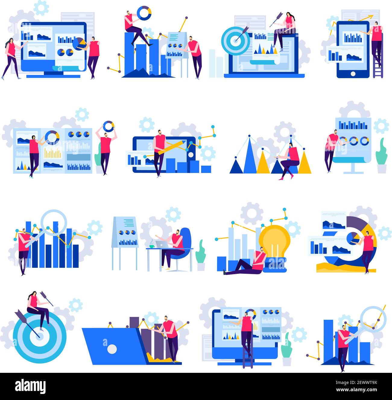 Business analytics set of flat icons with human characters electronic ...
