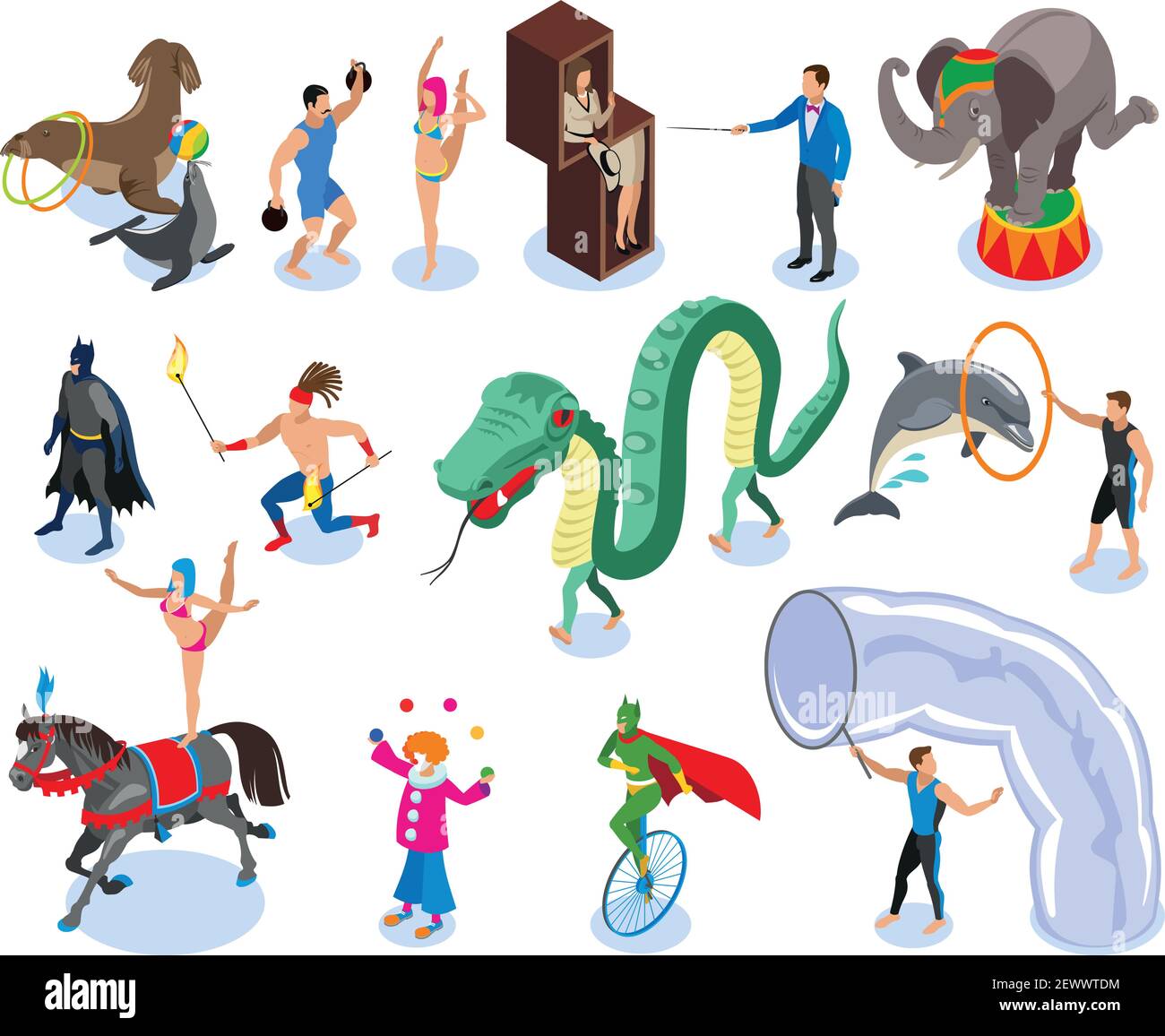 Performers and entertainment icons set with circus symbols flat isolated vector illustration ...
