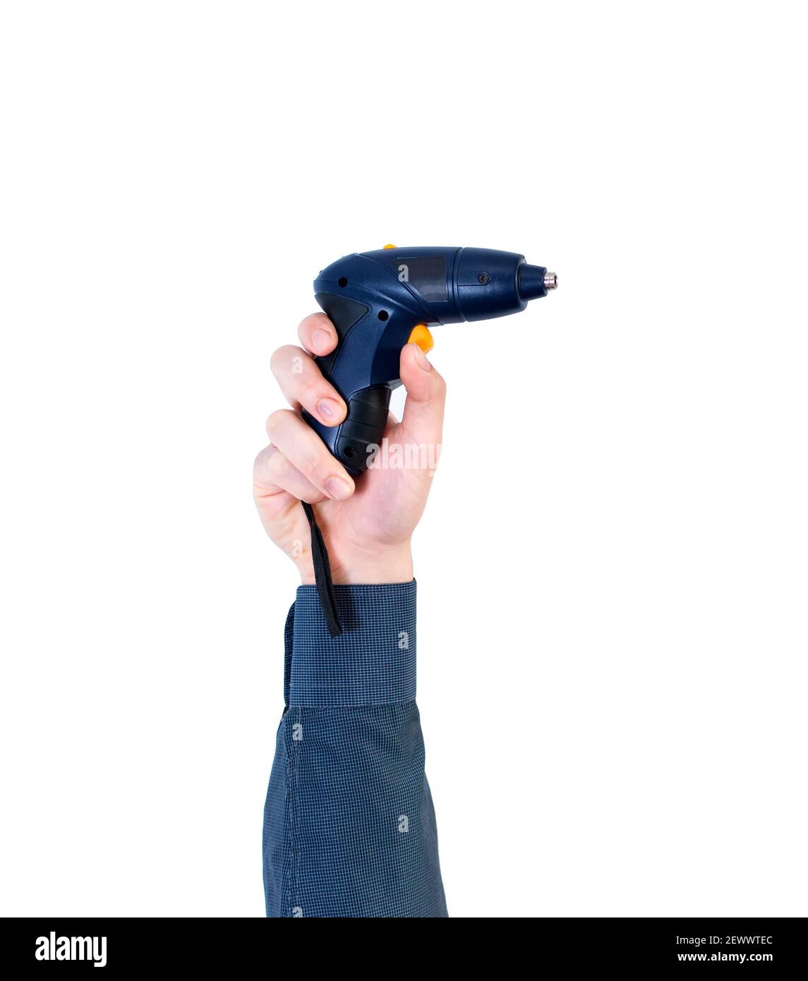A man's arm raised holding an electric screwdriver isolated on white ...