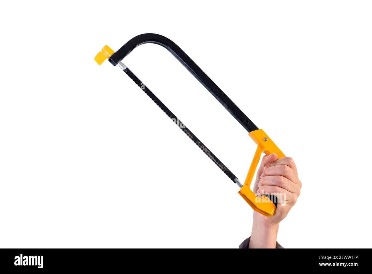 A man's hand raised holding a saw isolated on white background Stock ...