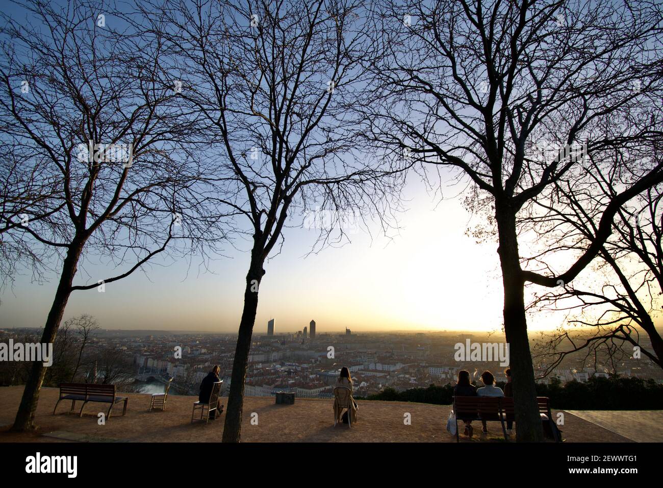 LYON, FRANCE - Feb 25, 2021: Beautiful morning sun in Lyon France with ...
