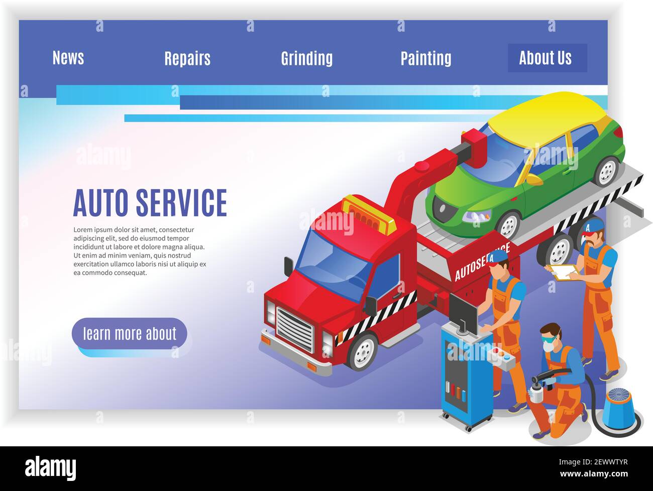 Auto service page design with repairs and painting symbols isometric ...