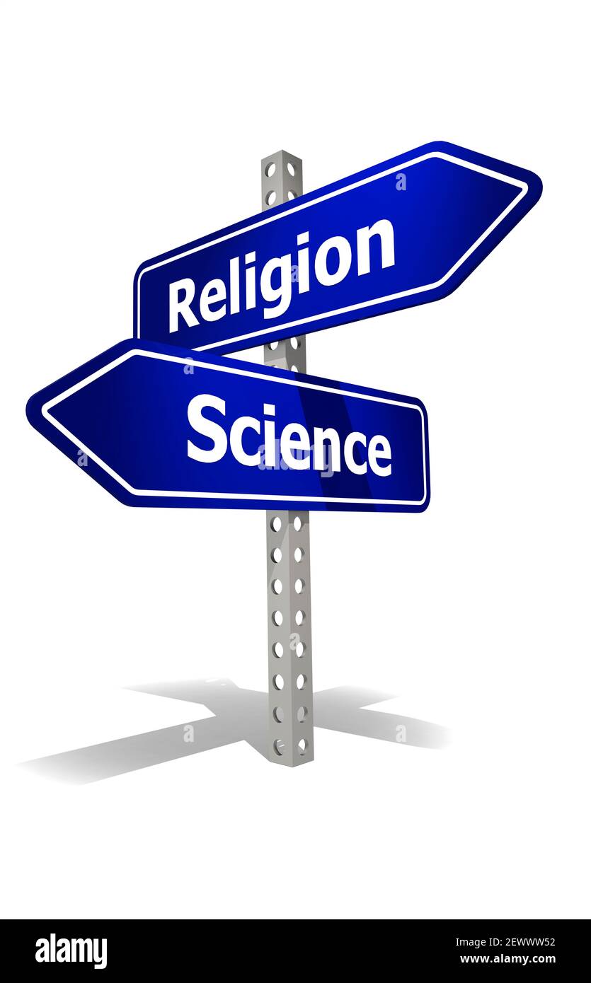 Road sign with religion and science word, 3d rendering Stock Photo - Alamy