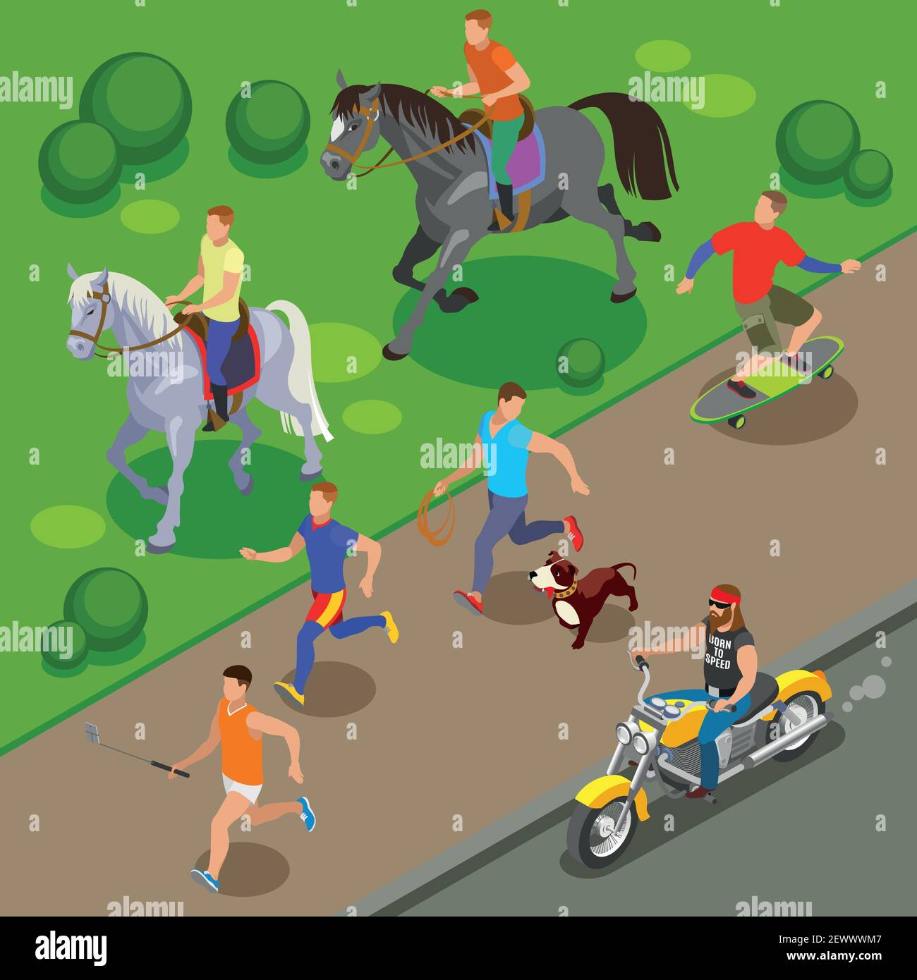 Outdoor activities background with skateboard and horse riding symbols ...