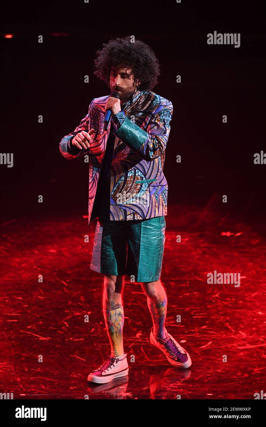Sanremo, Italy. 3rd Mar 2021. Sanremo, 71st Italian Song Festival. Second Evening. Pictured Gio ...