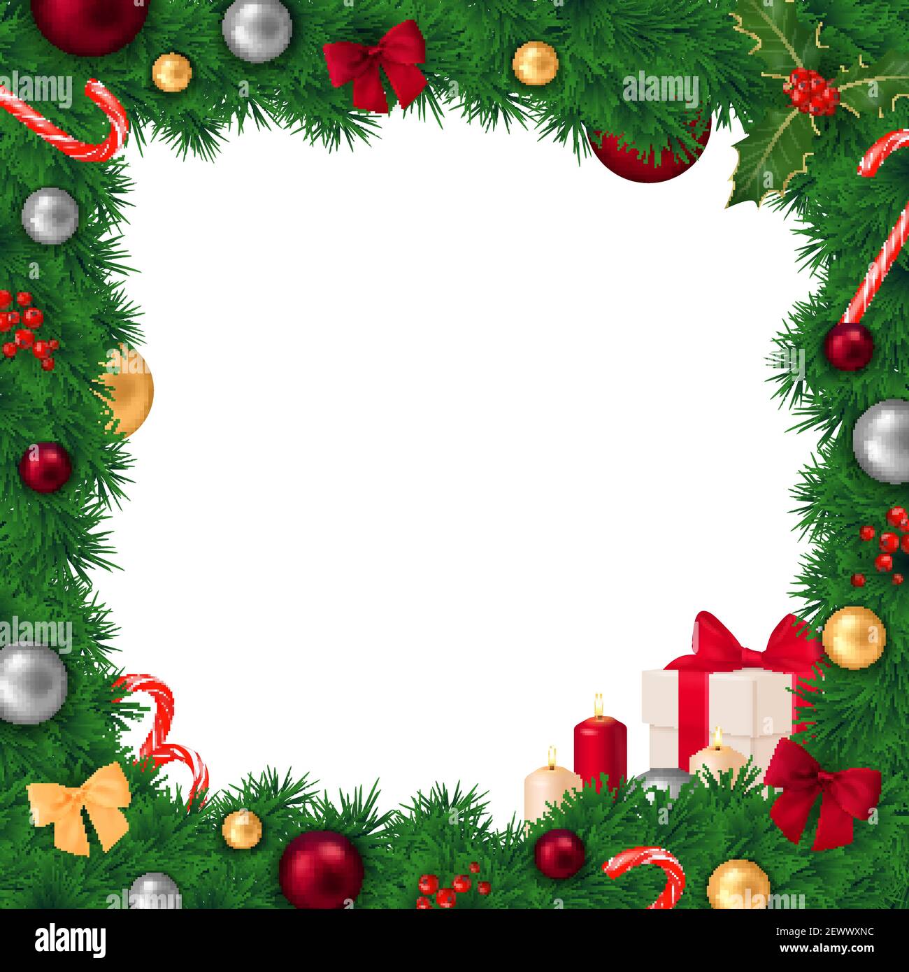 Christmas realistic composition with empty frame made of new year tree ...