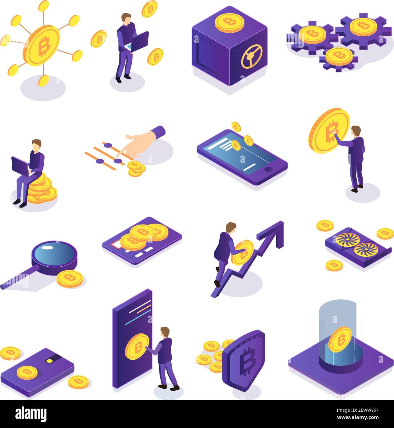 Isometric set of colorful cryptocurrency icons with people safe bitcoins card and electronic ...