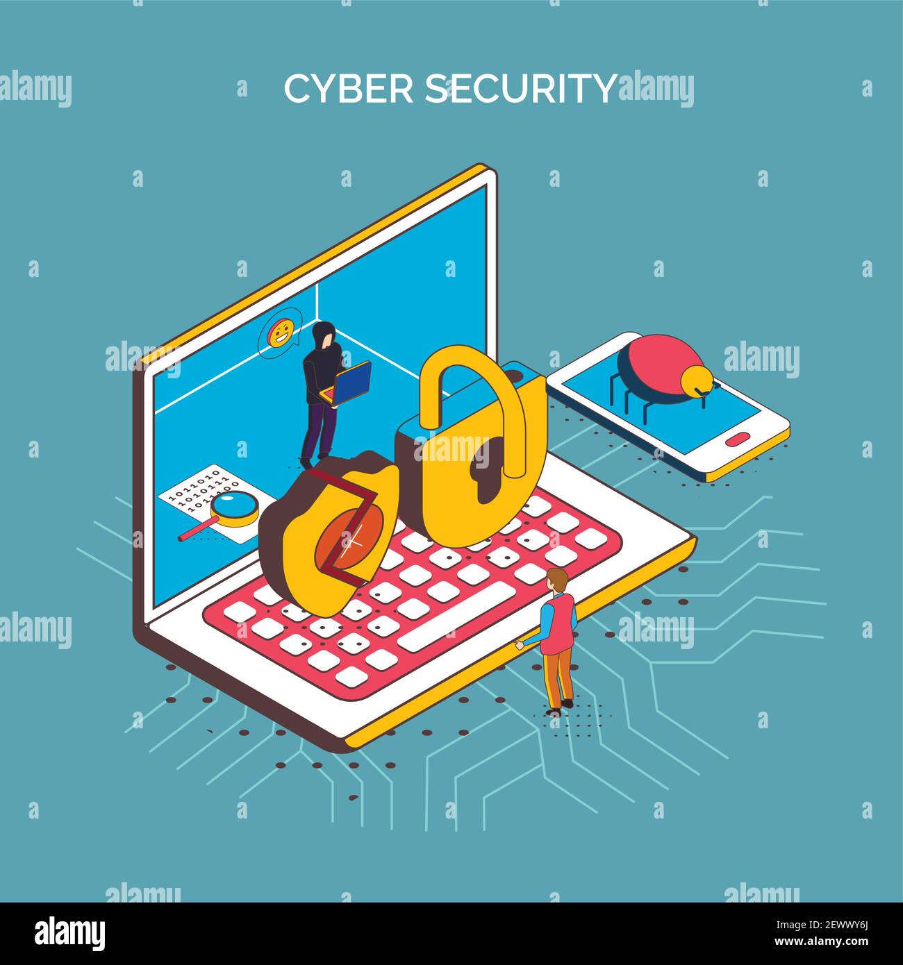 Isometric cyber security composition with conceptual icons of laptop computer broken locks ...