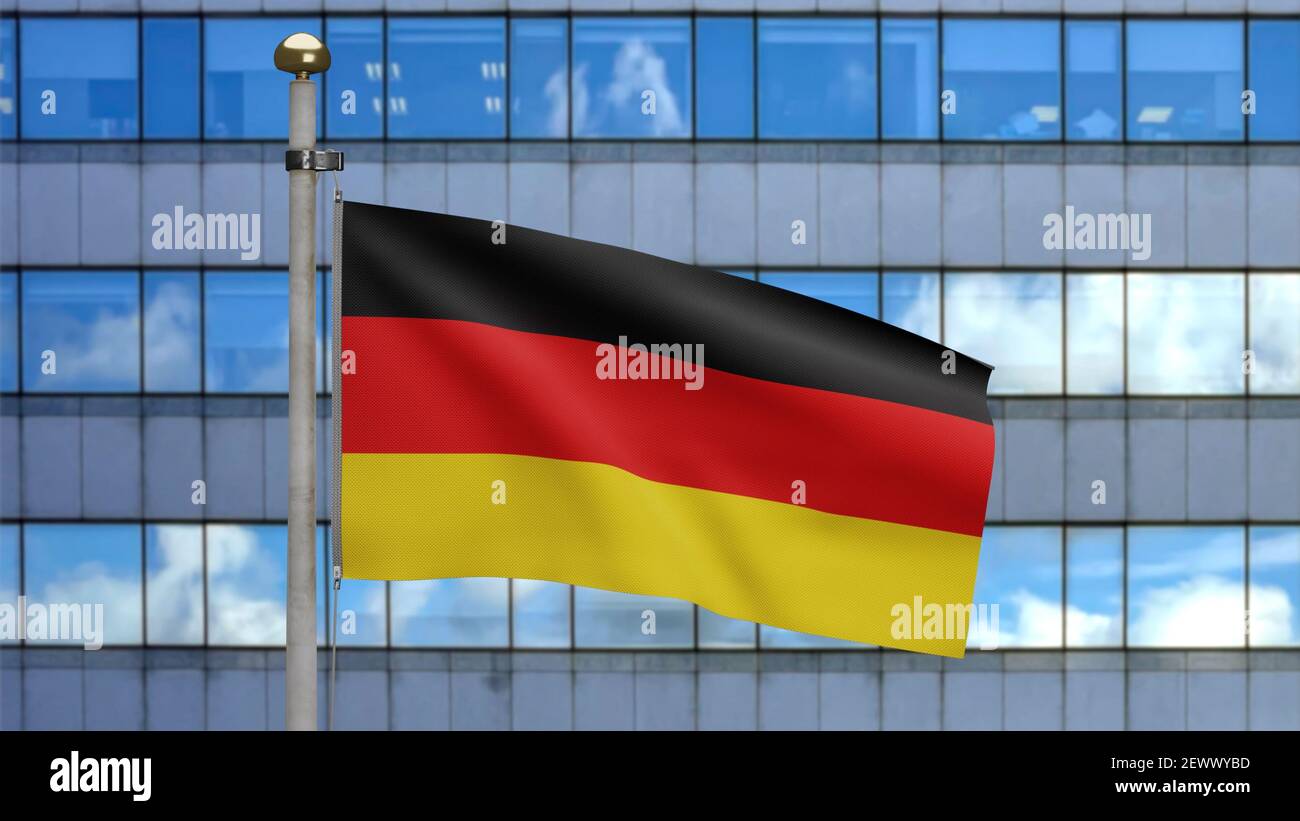 3D illustration German flag waving on corporate landmark skyline in a ...