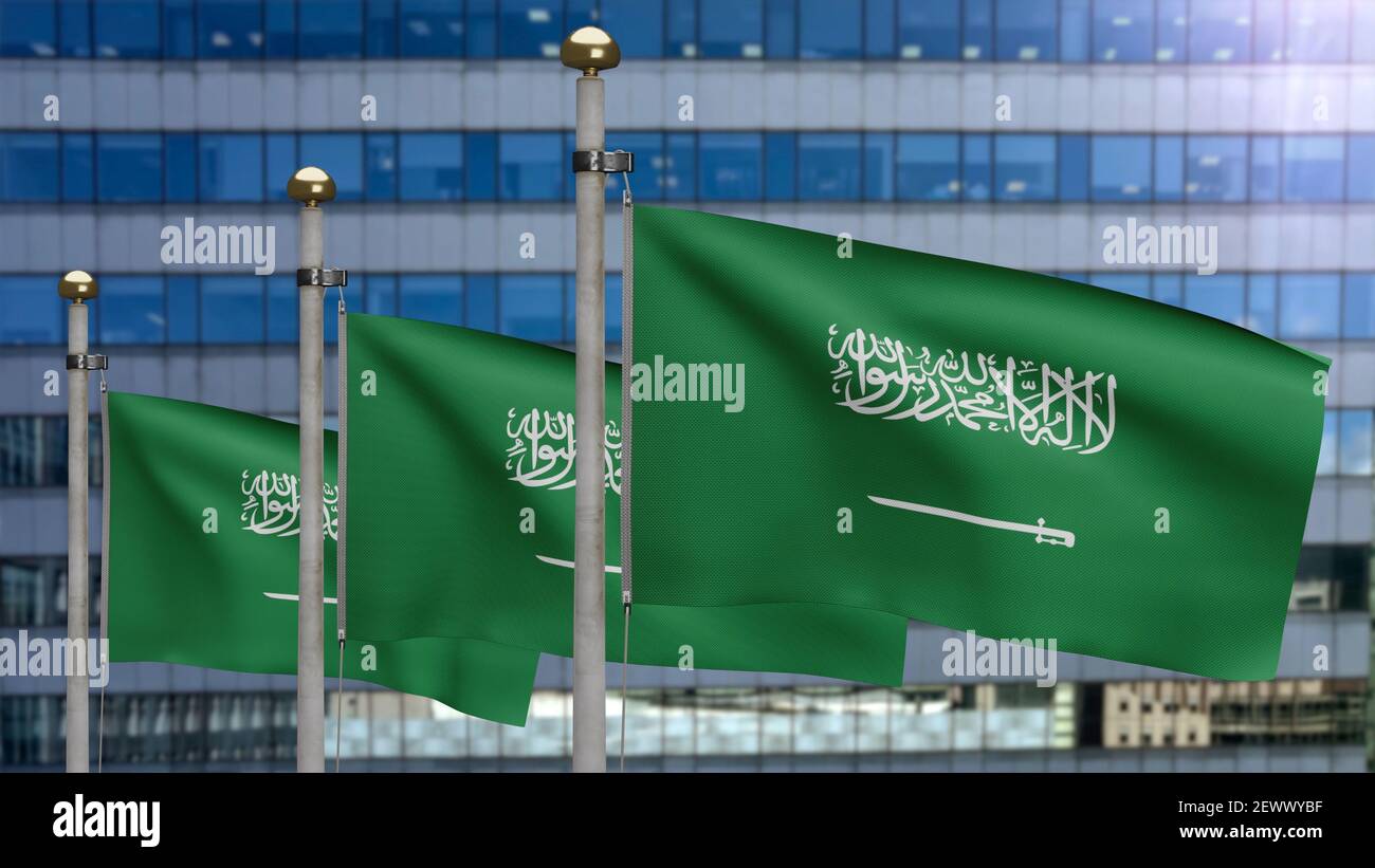 3D illustration Kingdom Saudi Arabia flag waving in a modern city ...